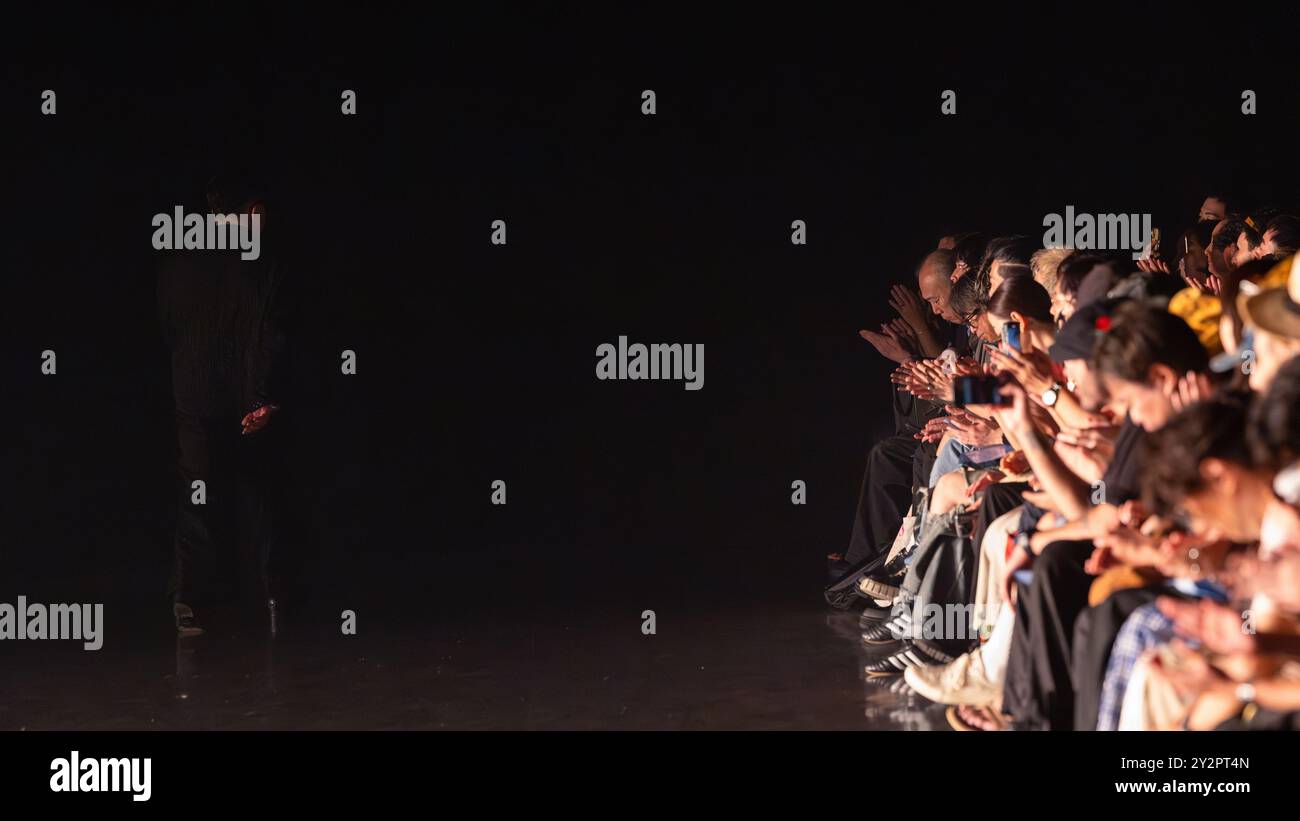 Designer Shoma Akatsukigawa thanks the audience after the HEōS show at ...