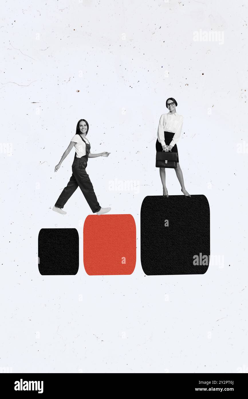 Creative template picture collage of business lady stand on top column ...