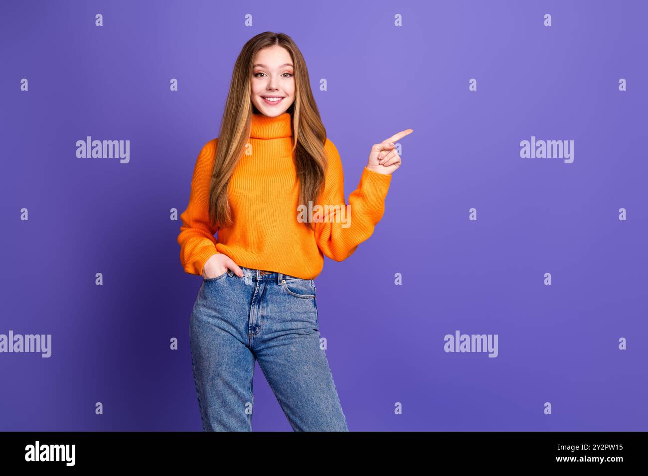 Portrait photo of youth charming blonde hair student girl directing ...