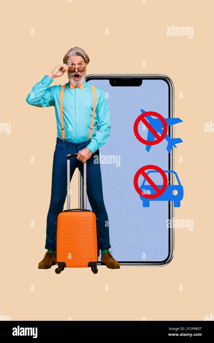 Vertical collage smartphone screen display canceled flight departure ...