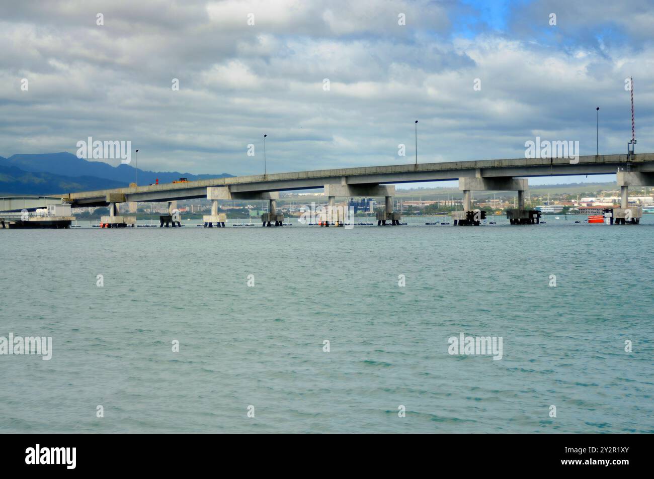 Ford Island bridge under cloudy skies Pearl Harbor Hawaii Stock Photo ...