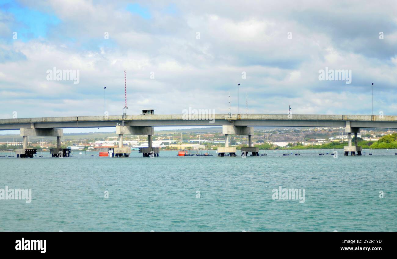 Ford Island bridge under cloudy skies Pearl Harbor Hawaii Stock Photo ...