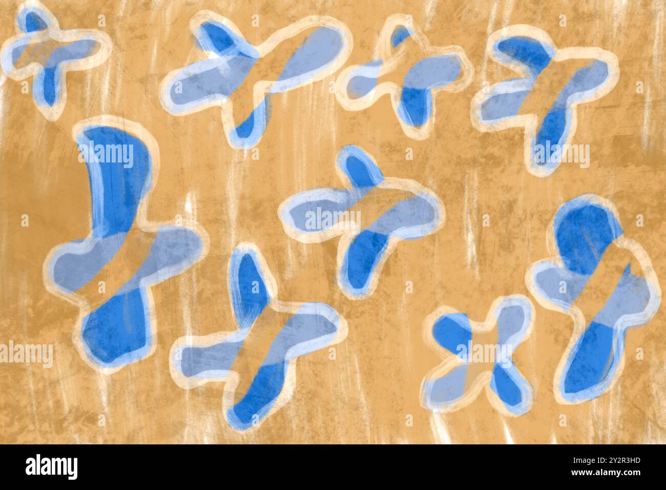 Hand-painted blue abstract shapes drift across a rich golden canvas ...