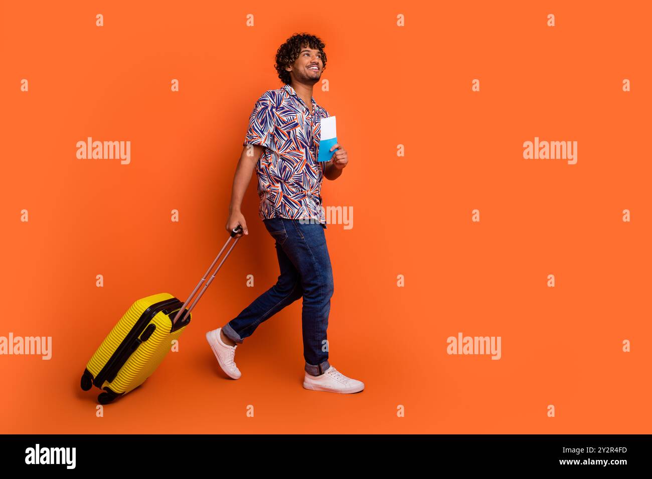 Full size photo of nice young man walk traveler boarding pass wear ...