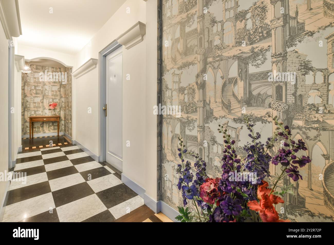 Elegant hallway interior with checkered floor and floral wallpaper ...