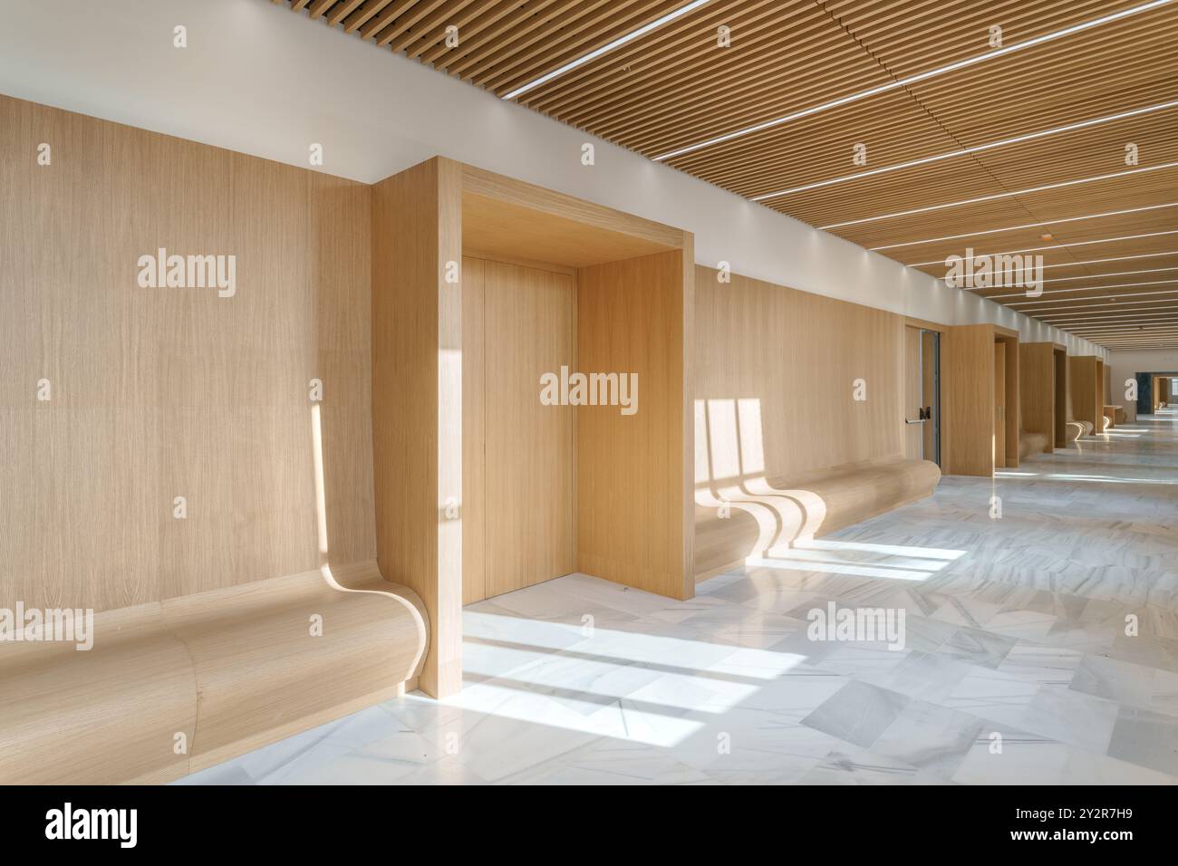 A spacious, contemporary university hallway featuring elegant wooden ...