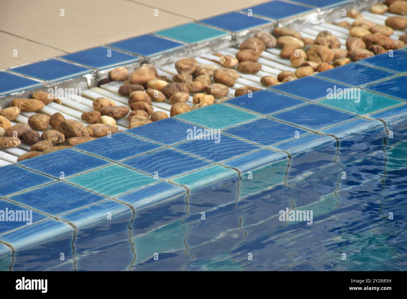 water flowing to edge of blue tile swimming pool Stock Photo - Alamy