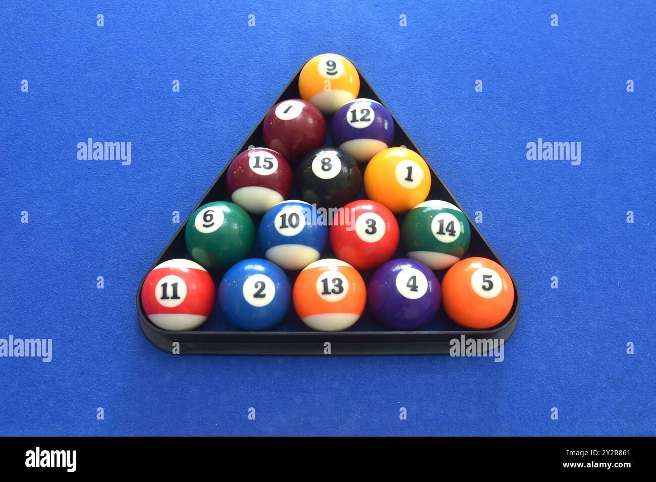 billiard ball with number arranging ready for playing on blue pool ...