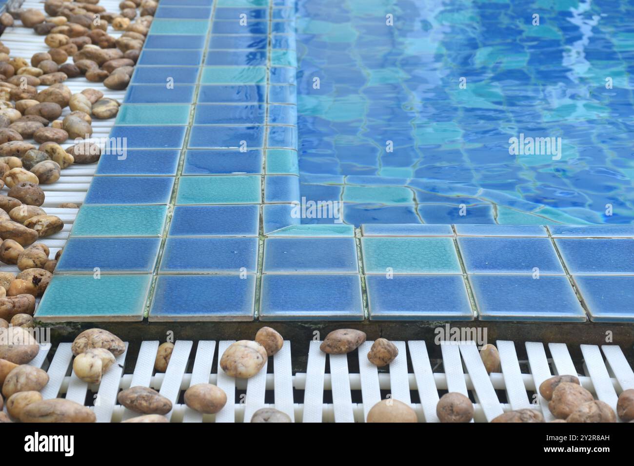 water flowing to edge of blue tile swimming pool Stock Photo - Alamy