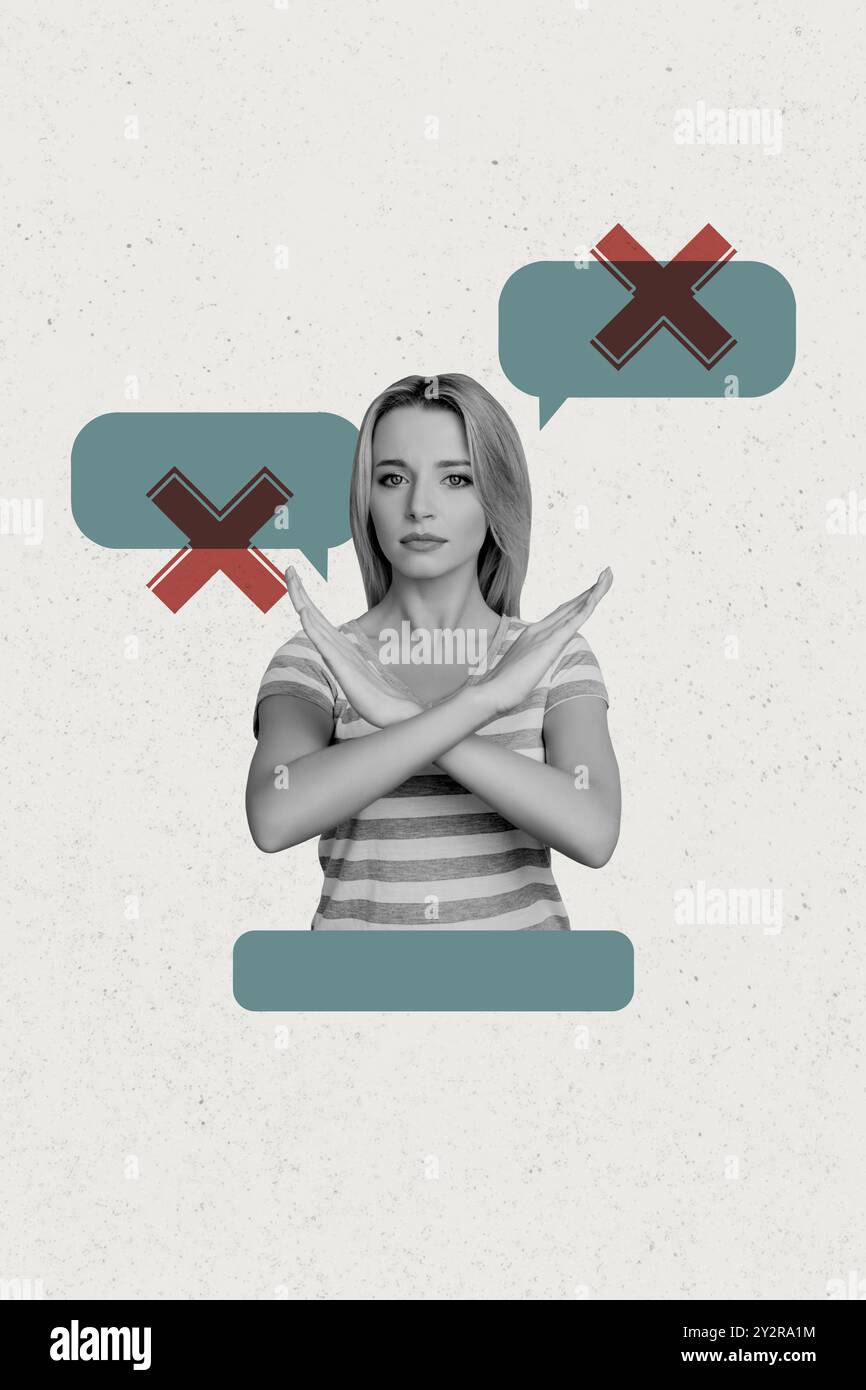 Vertical photo collage of strict girl show prohibition symbol crossed ...