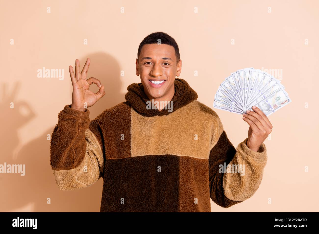 Photo of nice rich man wear stylish clothes hands hold cash money ...