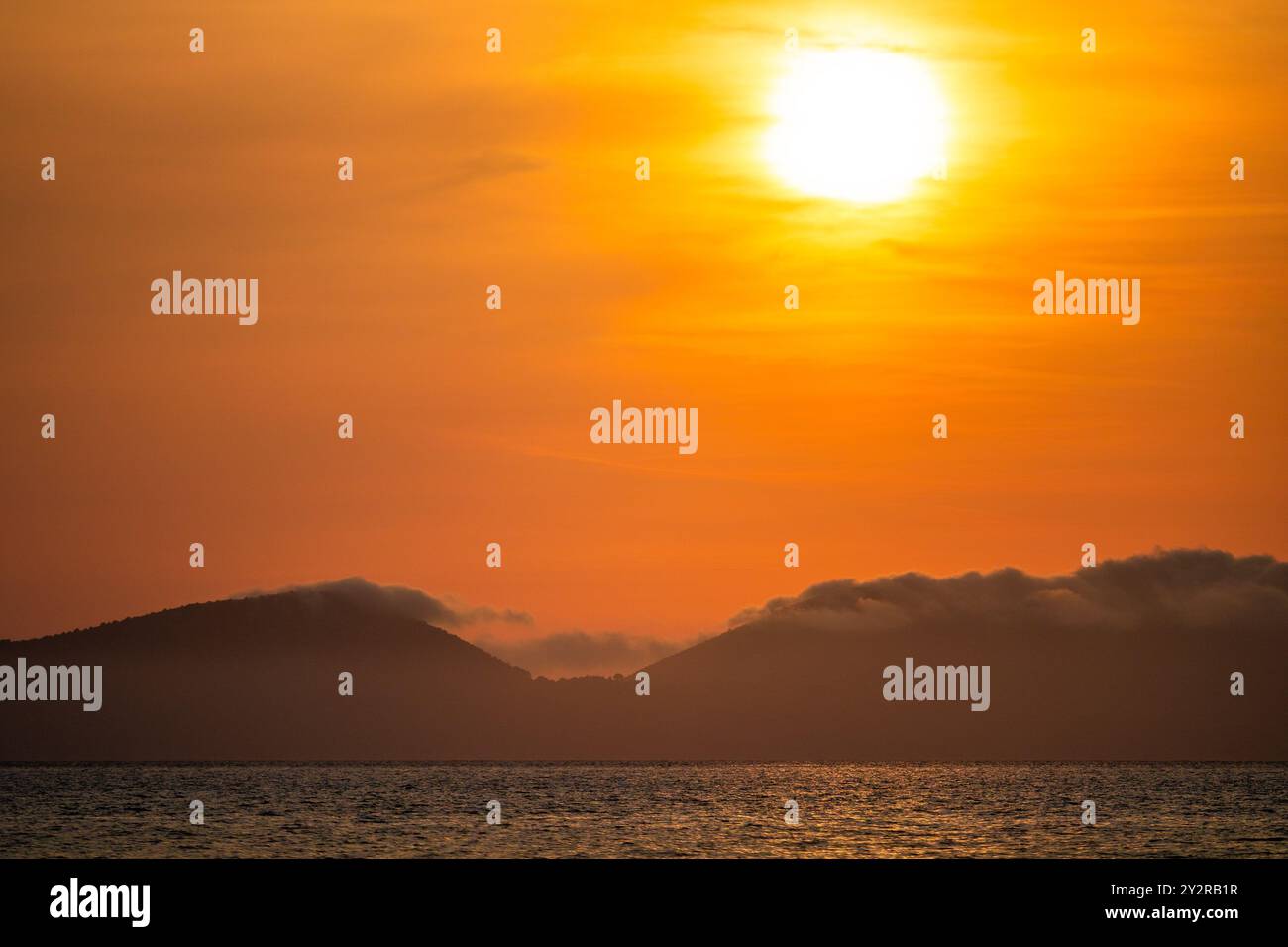 Giant orange sun set red sky and cloud move silhouette.Open view ...