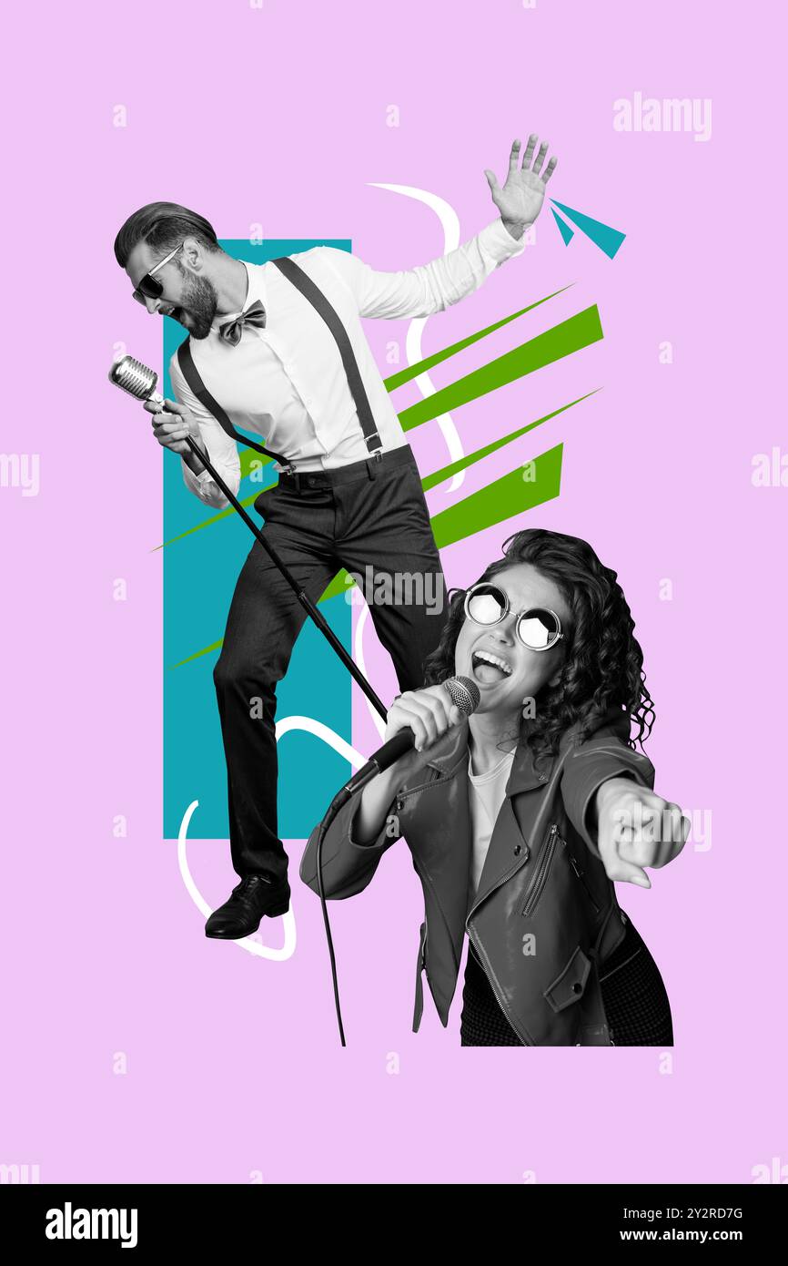 Vertical image collage young woman man artists performance singers ...