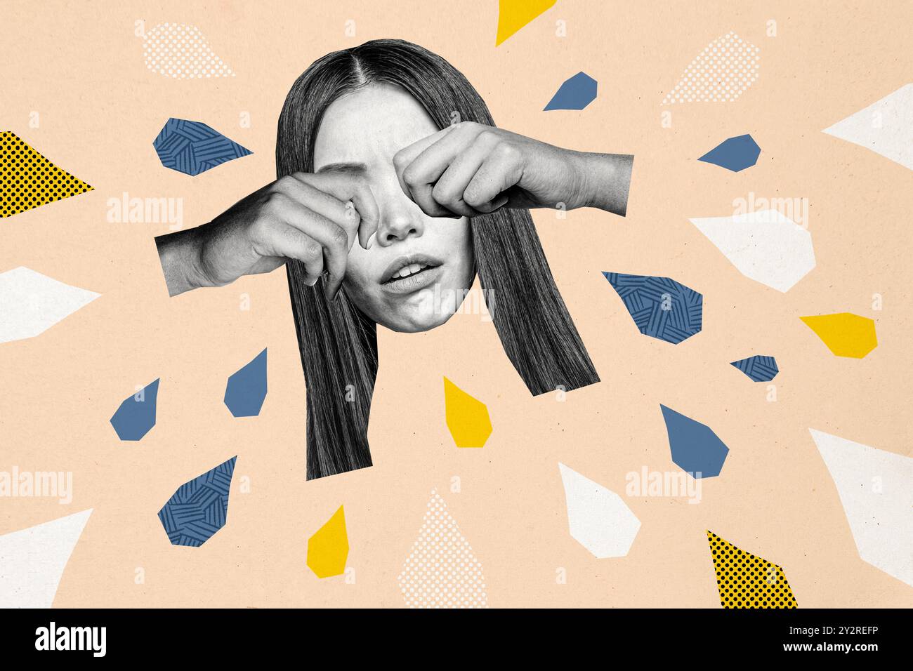 Composite photo collage of upset girl hands hide face cry depression ...