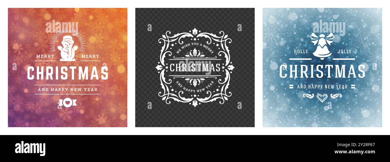 Three artistic greeting designs feature festive decorations celebrating Christmas and New Year ...
