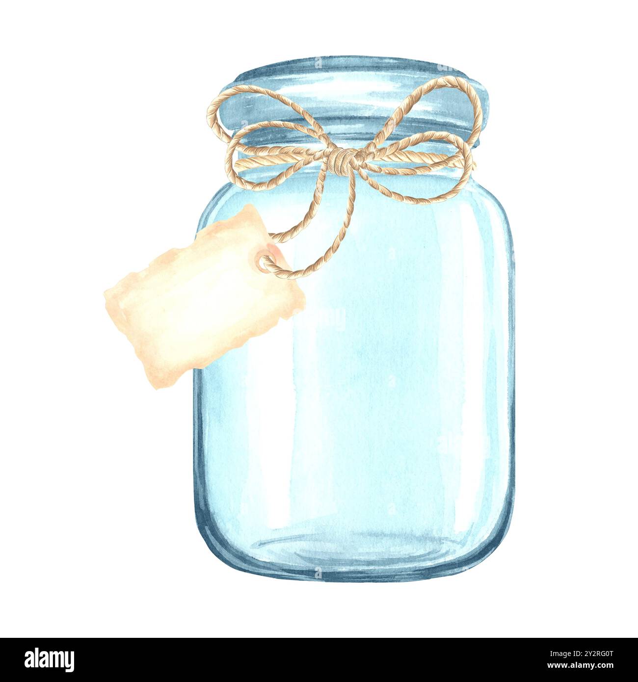 Glass jag empty with lid and paper label on rope. Transparent vessel ...