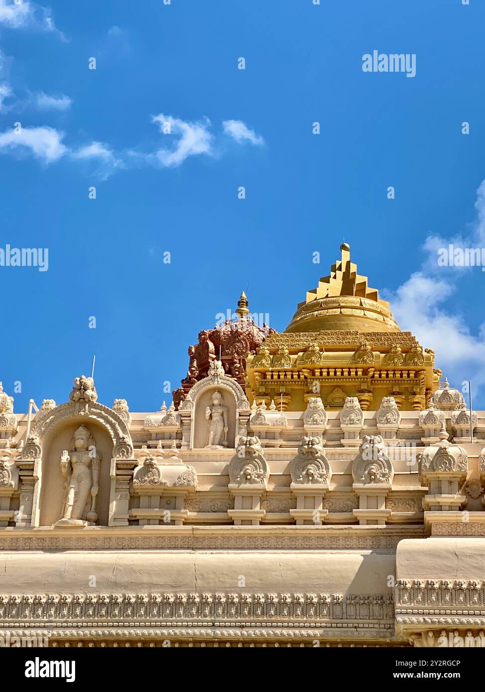 A detailed view of the intricate carvings and golden dome of a Hindu ...
