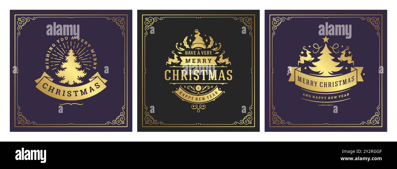 Three festive Christmas greeting cards feature elegant designs in gold ...
