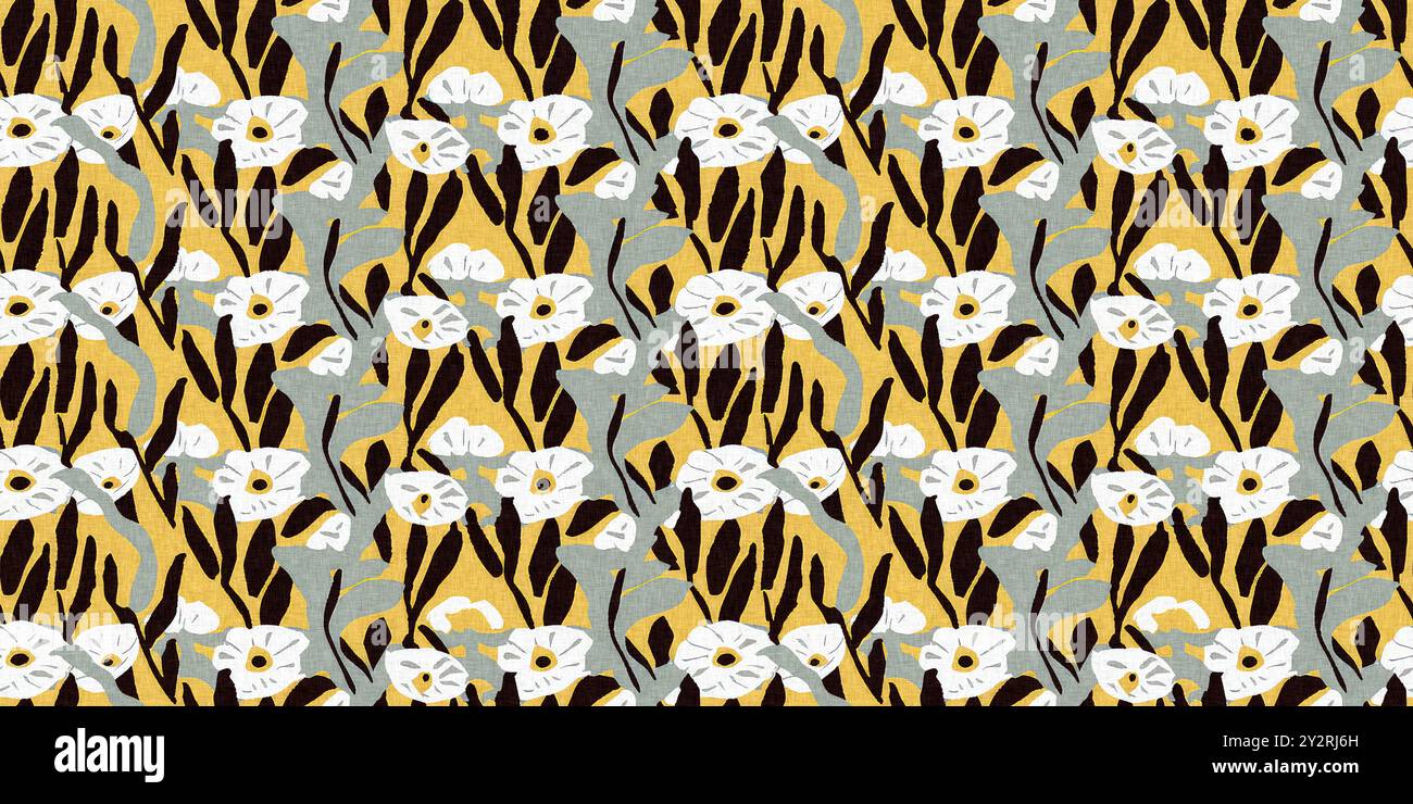 Modern printed fabric flower block print pattern with linen texture ...