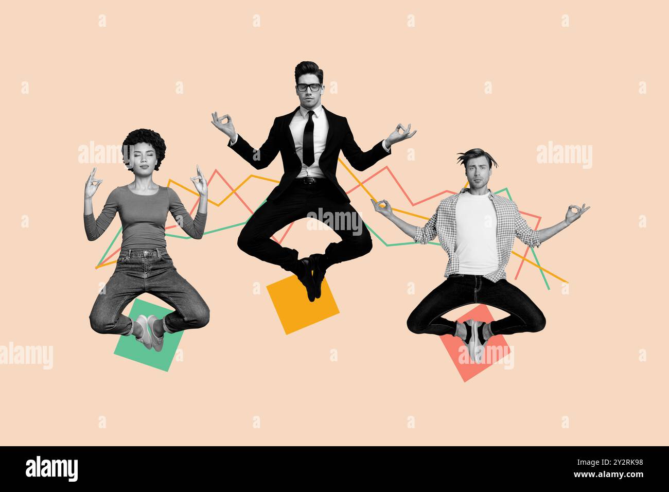Creative trend collage of funny colleagues meditate teamwork calm ...