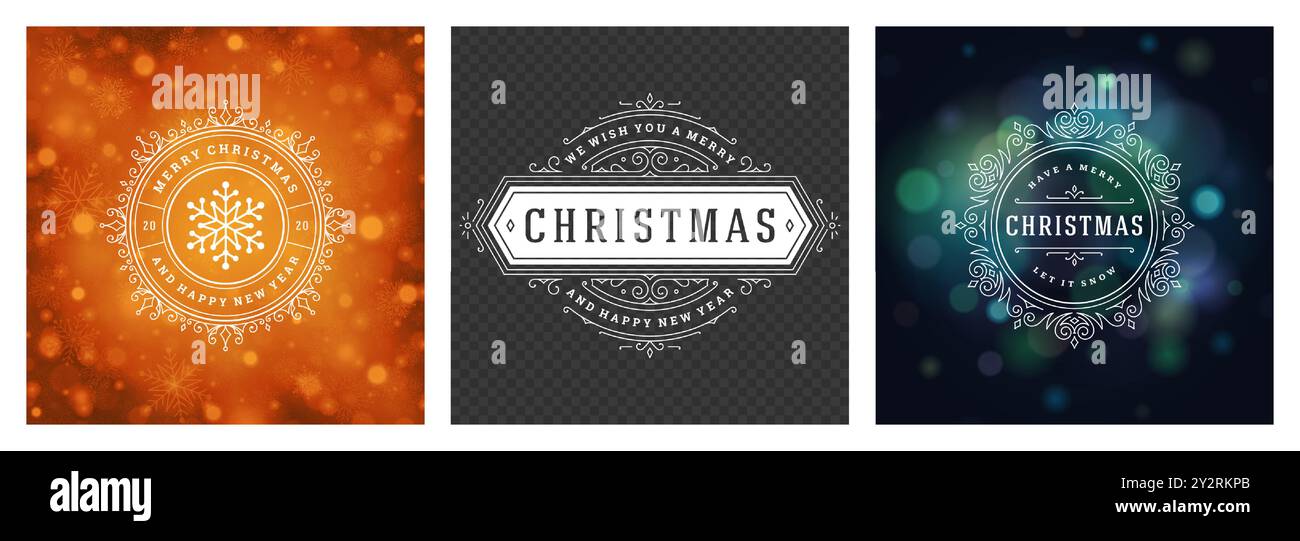 Three artistic greeting designs feature festive decorations celebrating Christmas and New Year ...