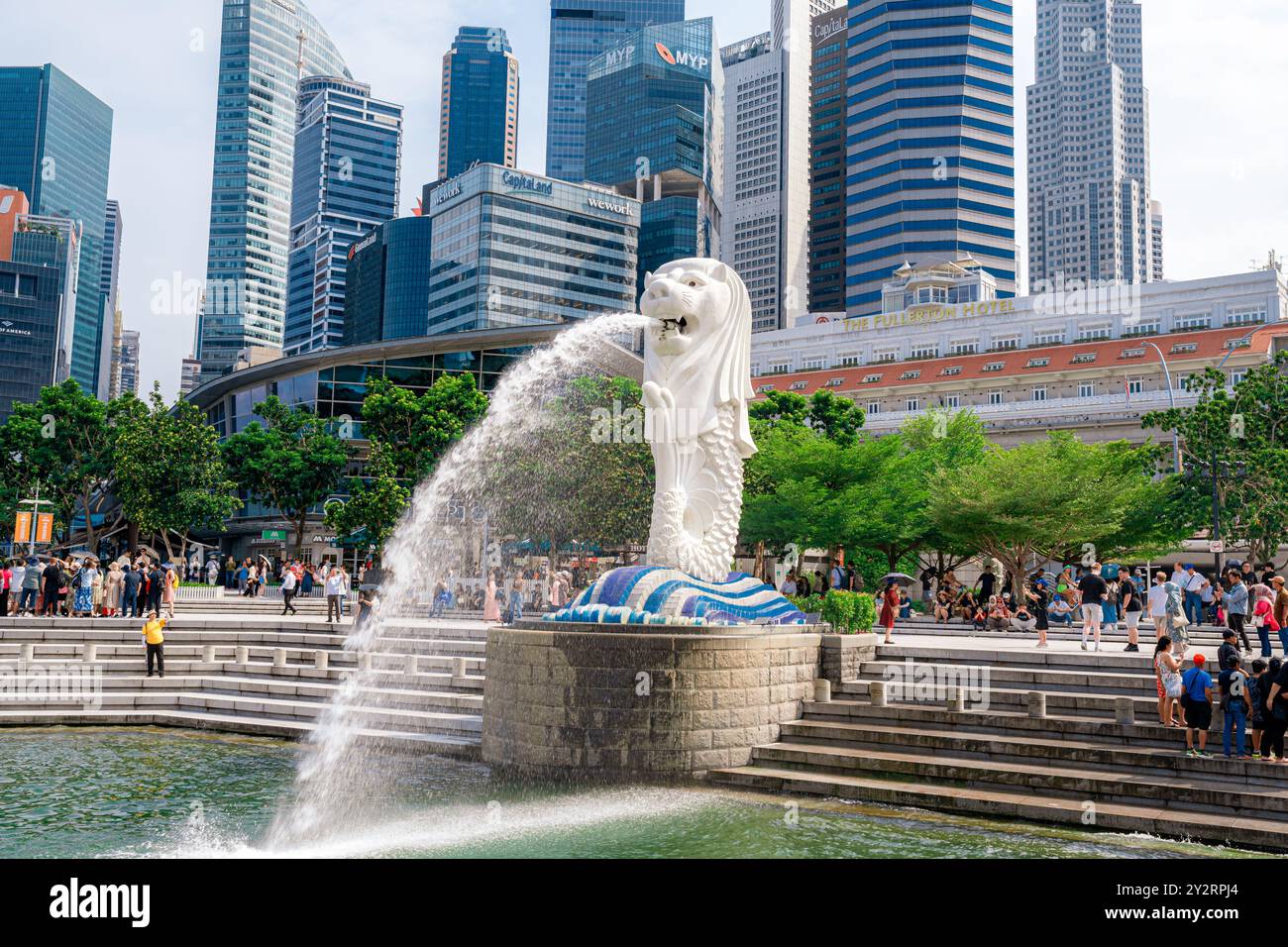 Singapore - Jun 13 2024: Merlion Fountain at Merlion Park and Singapore ...