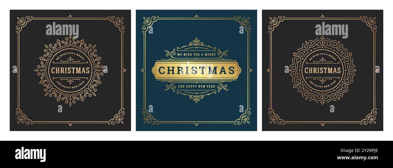 Three festive Christmas greeting cards feature elegant designs in gold ...