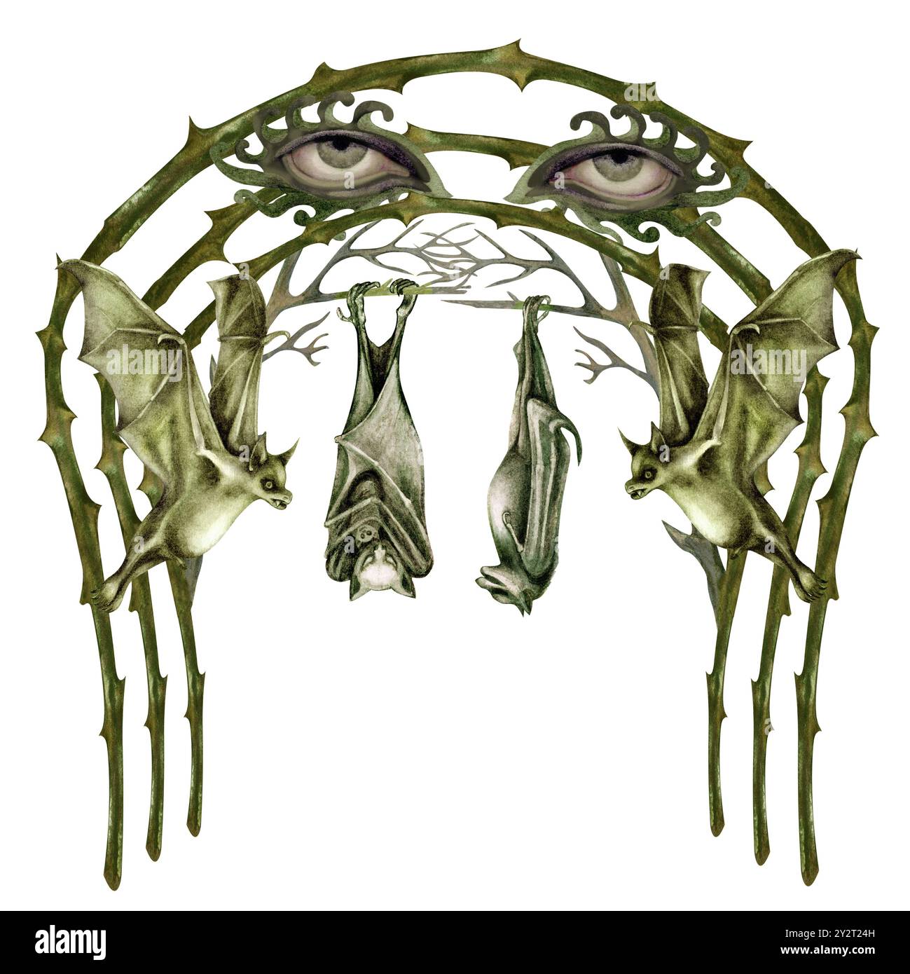 Monochrome green Halloween frame with pumpkins, thorny branches ...