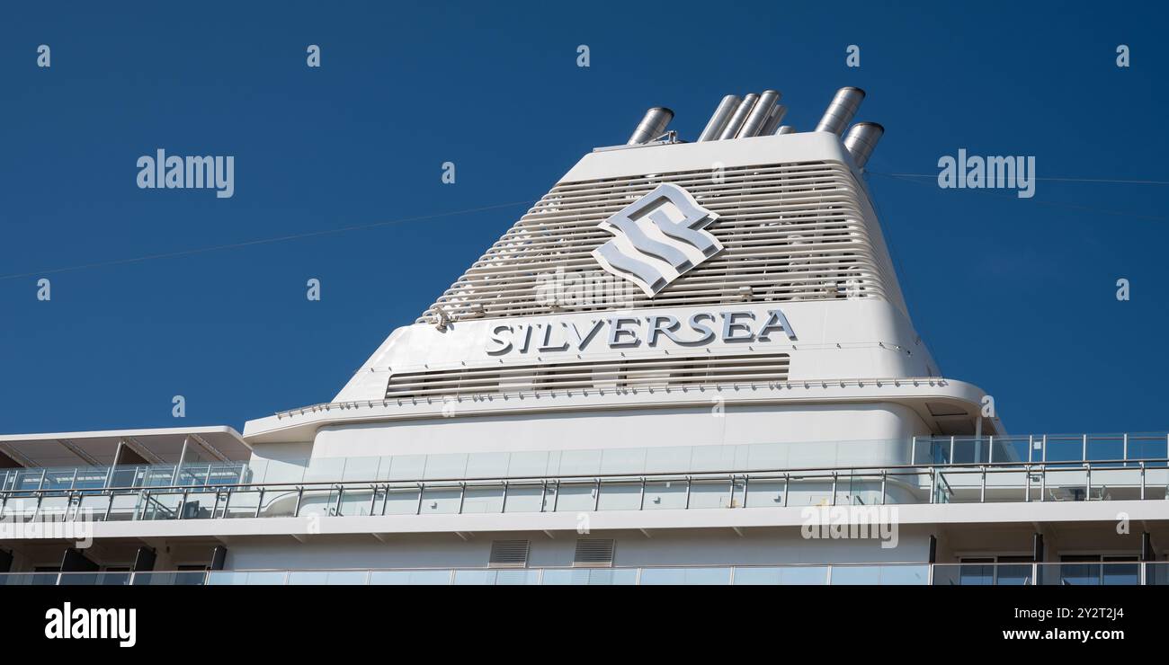 Bari, Italy - July 24, 2024: Silversea newest cruise ship Silver Ray with less polluting exhaust ...