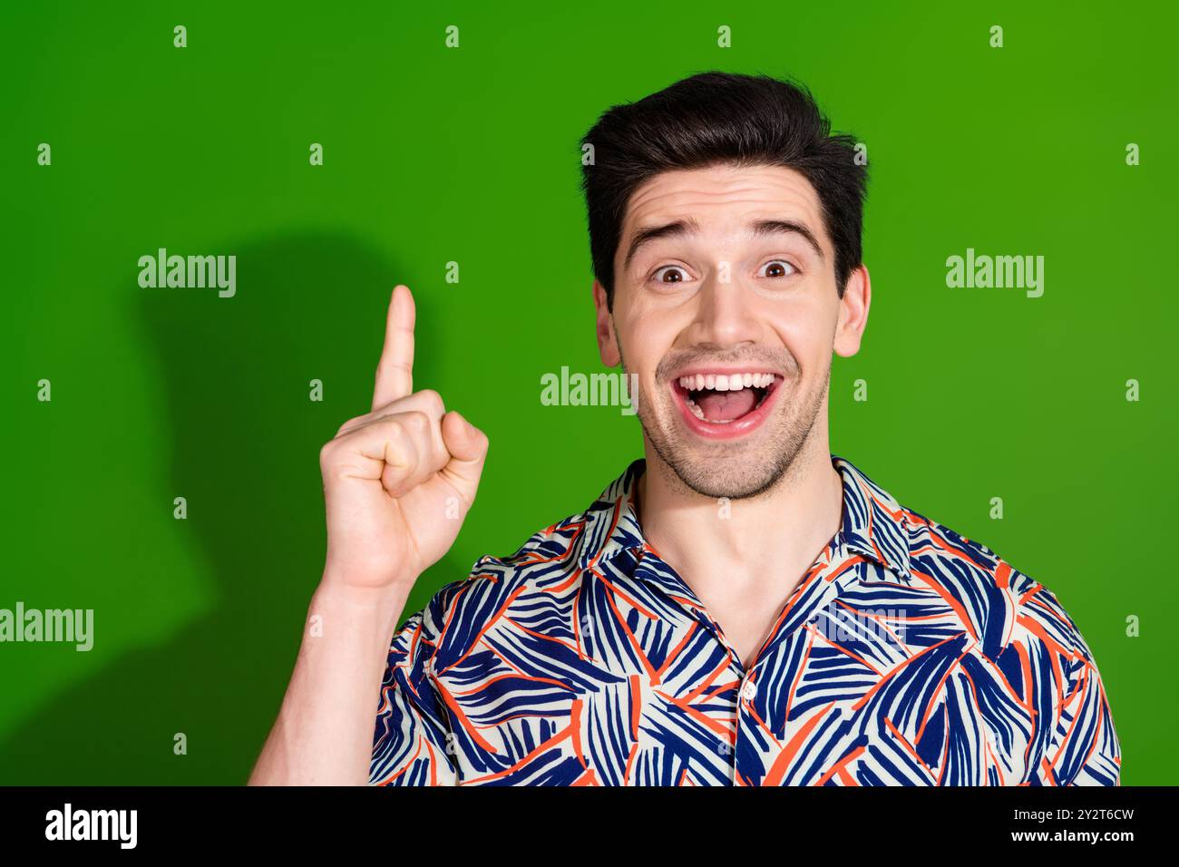 Photo of genius smart guy with bristle stylish haircut dressed print ...