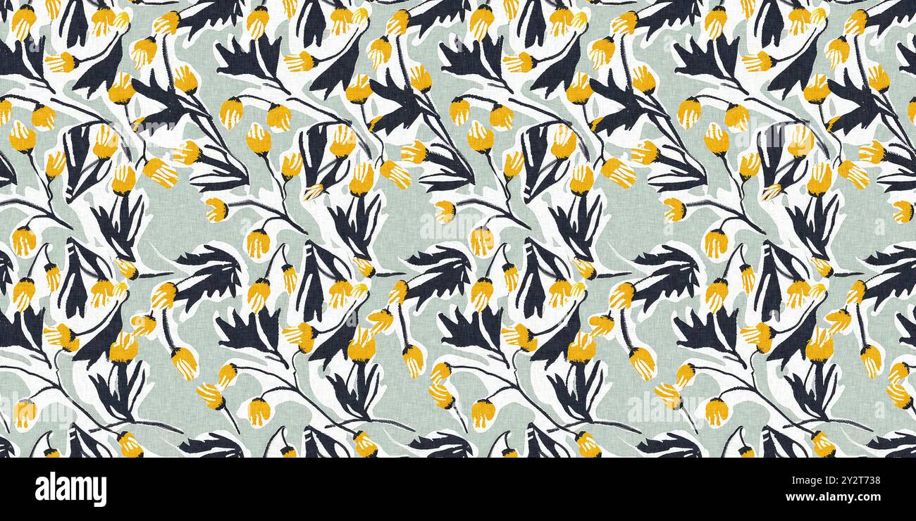 Modern printed fabric flower block print pattern with linen texture ...