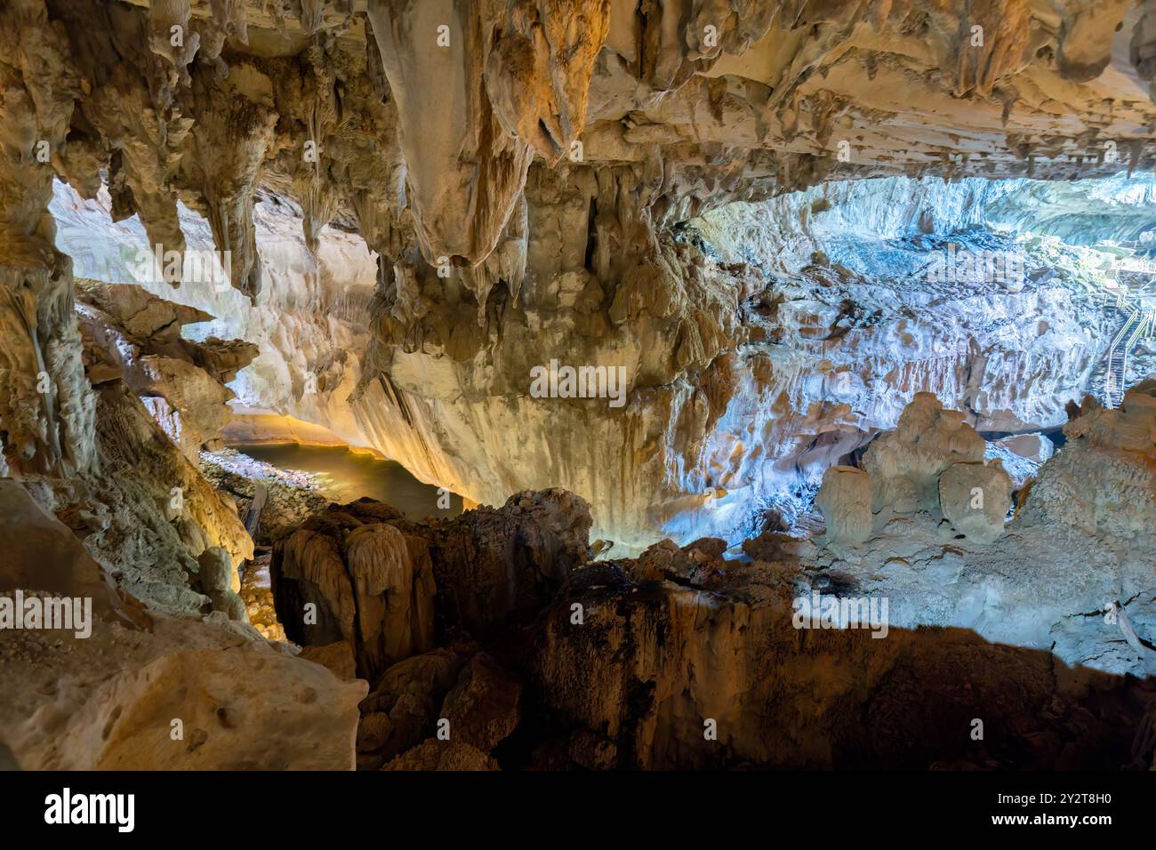 A scenic view of the interior of the Clearwater Cave, Gunung Mulu ...