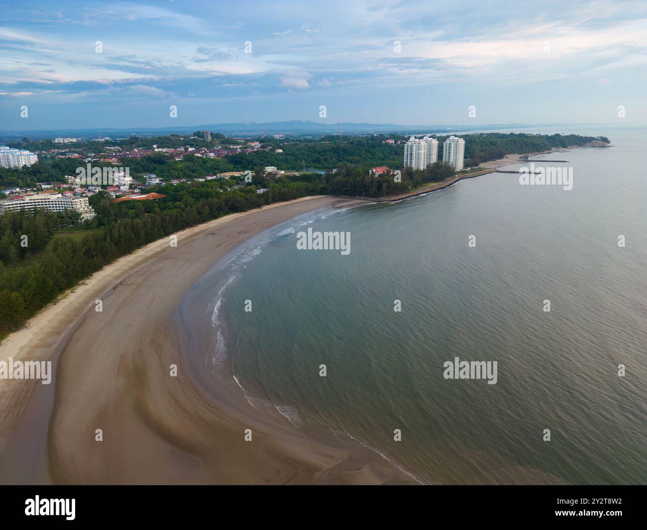 An aerial view of Tanjong Lobang Beach on a sunny day in Miri city ...