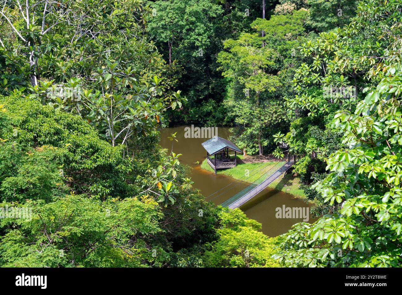 An aerial view of a small hut and suspension bridge over a river in the ...