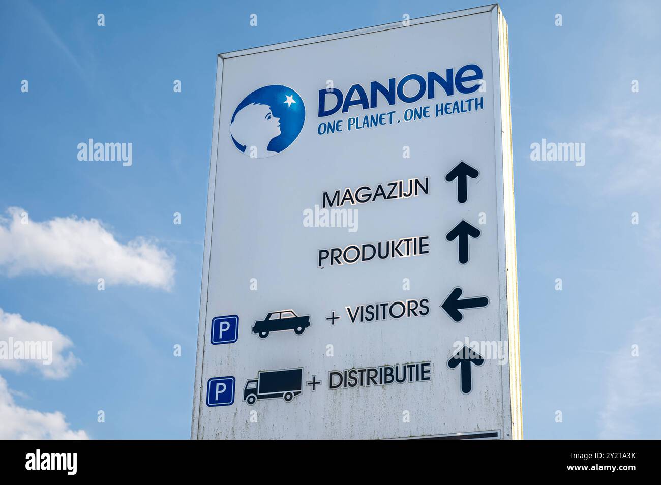 Rotselaar, Belgium, August 8, 2024 - Sign of Danone, a food factory and ...