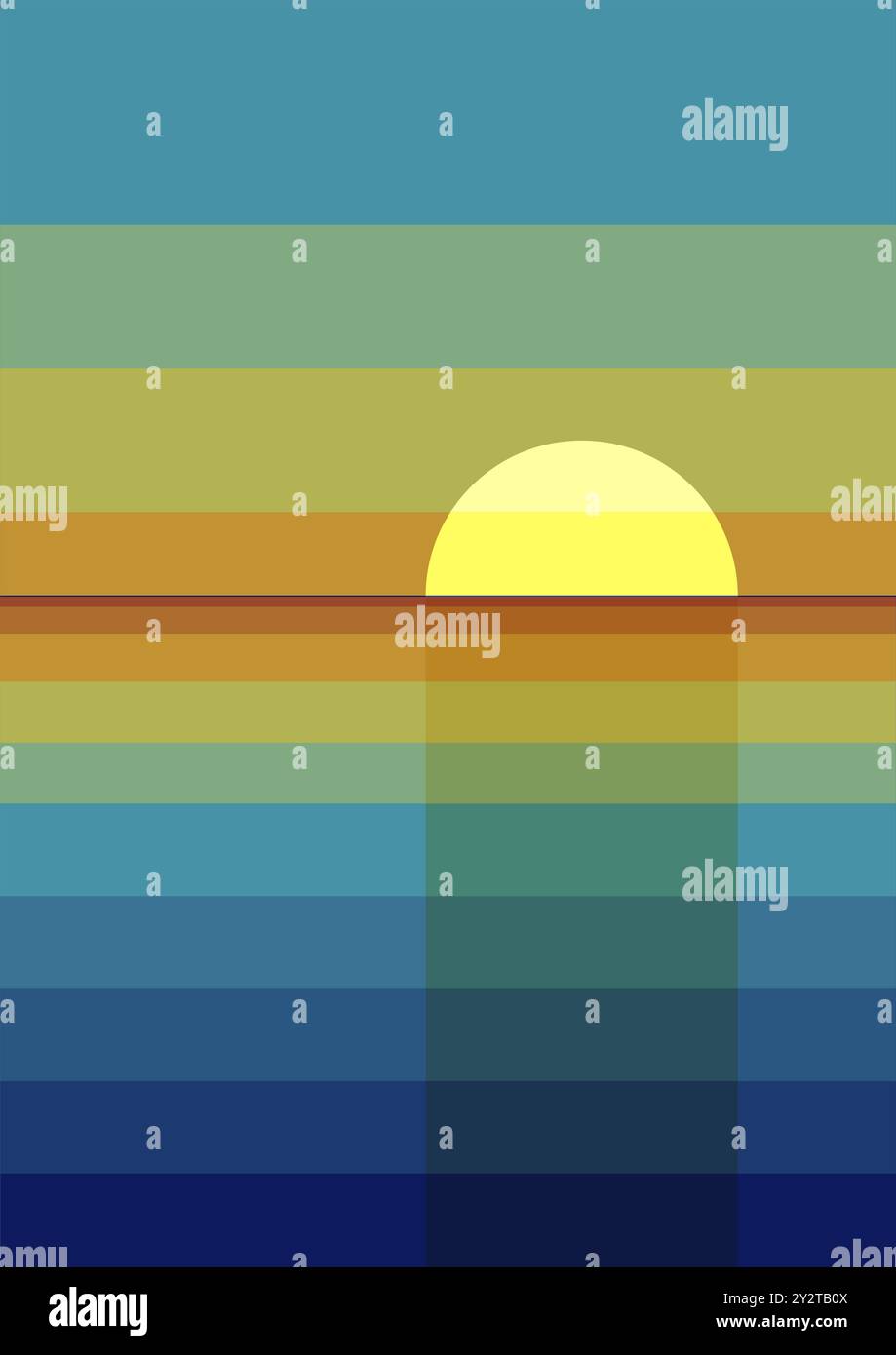 Ocean or sea sunset with colorful waves geometric poster. Summer blue ...