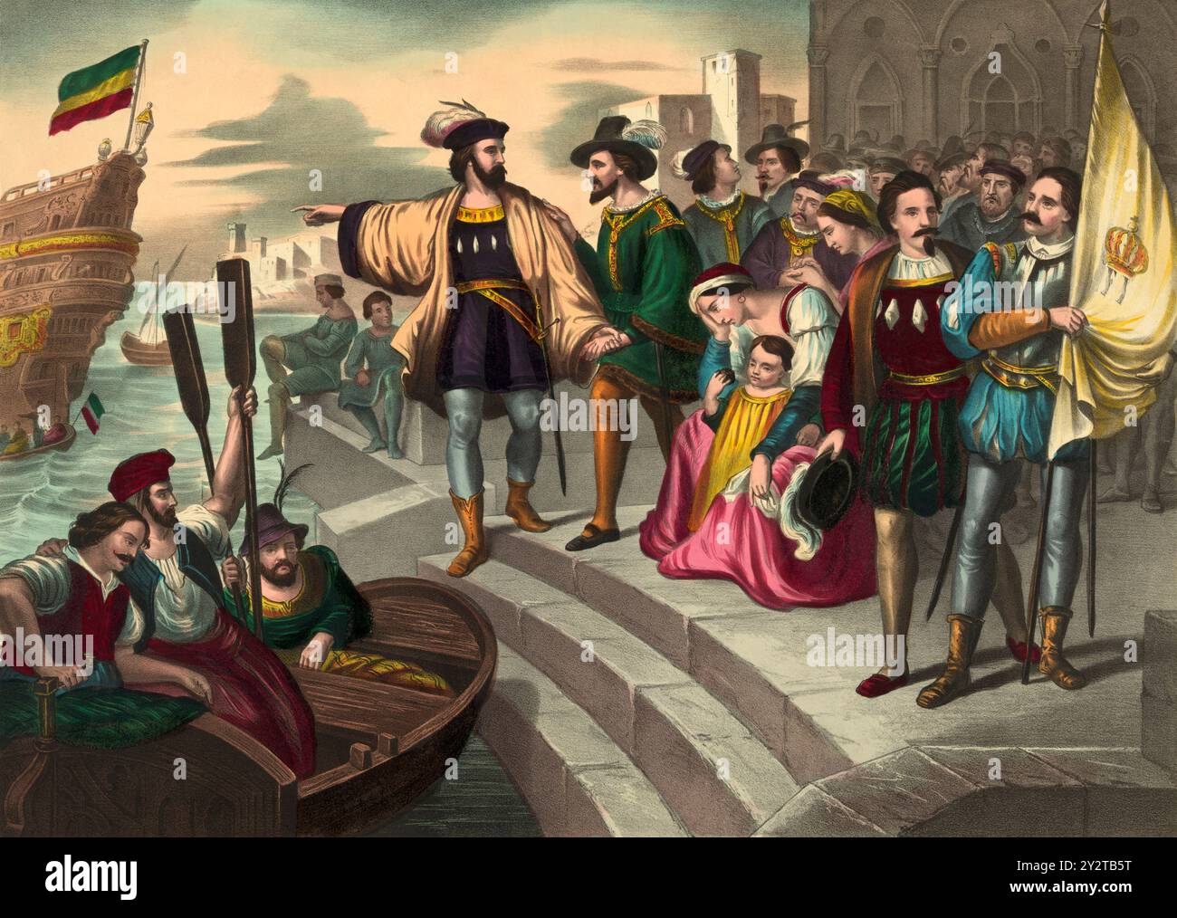 Christopher Columbus and his crew leaving the port of Palos, Spain ...