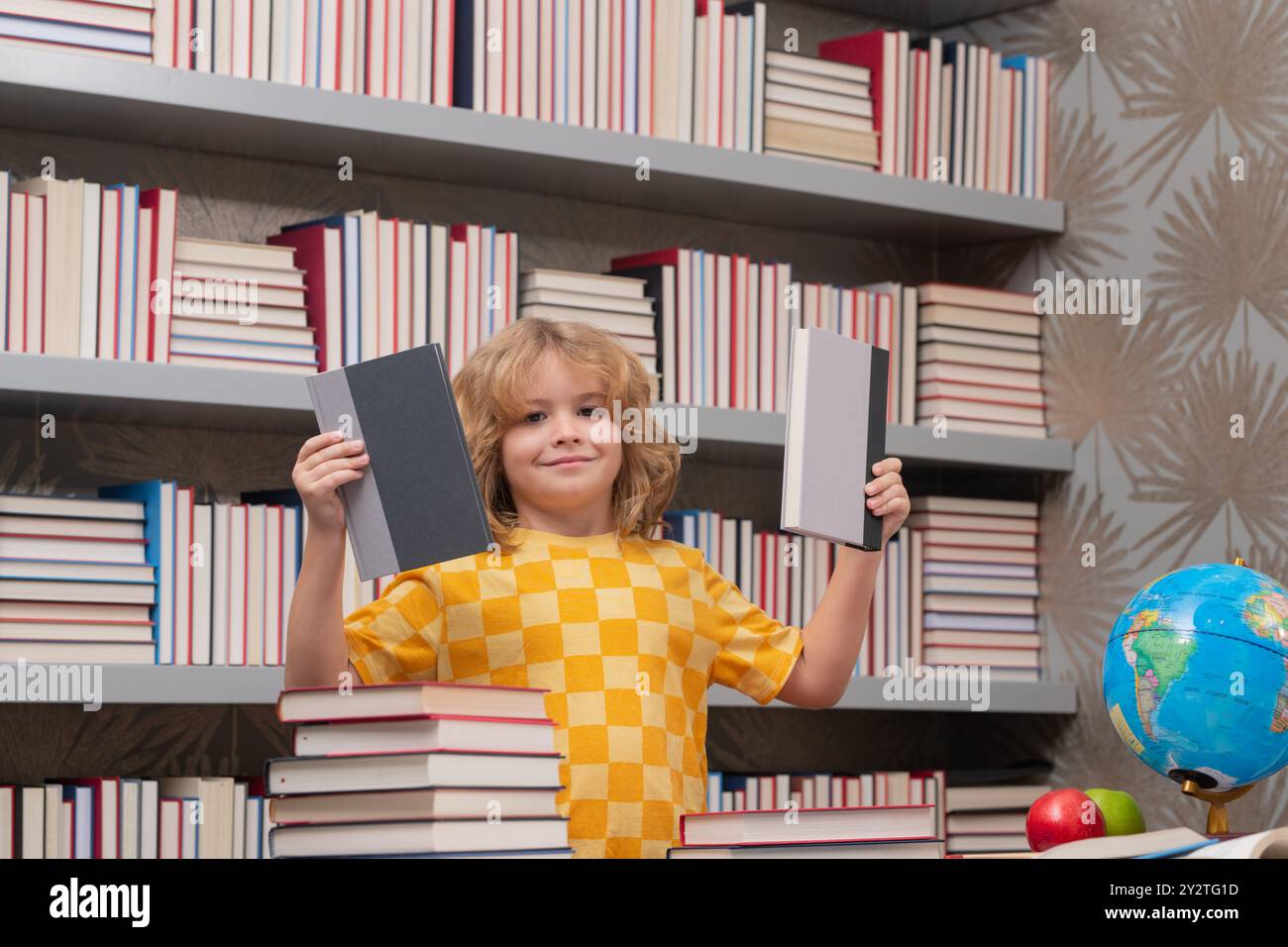 Nerd pupil. Pupil with pile of books. Children enjoying book story in ...