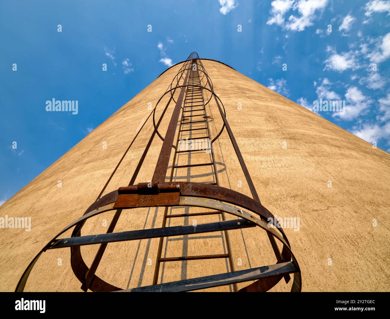 The rusty cage ladder ascends to the top of the concrete bin at a rural ...