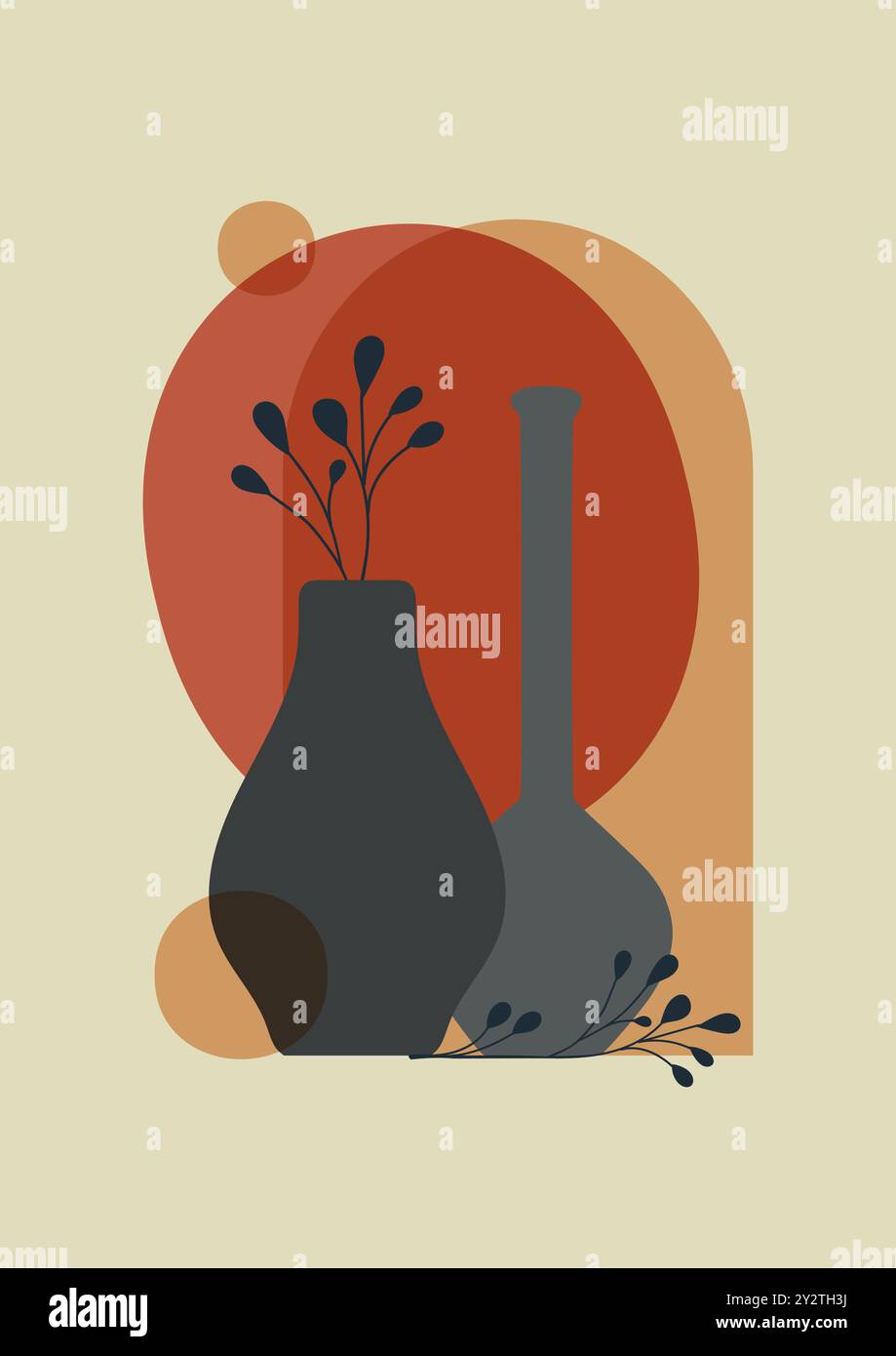 Interior design illustration with vases boho printable art. Aesthetic ...