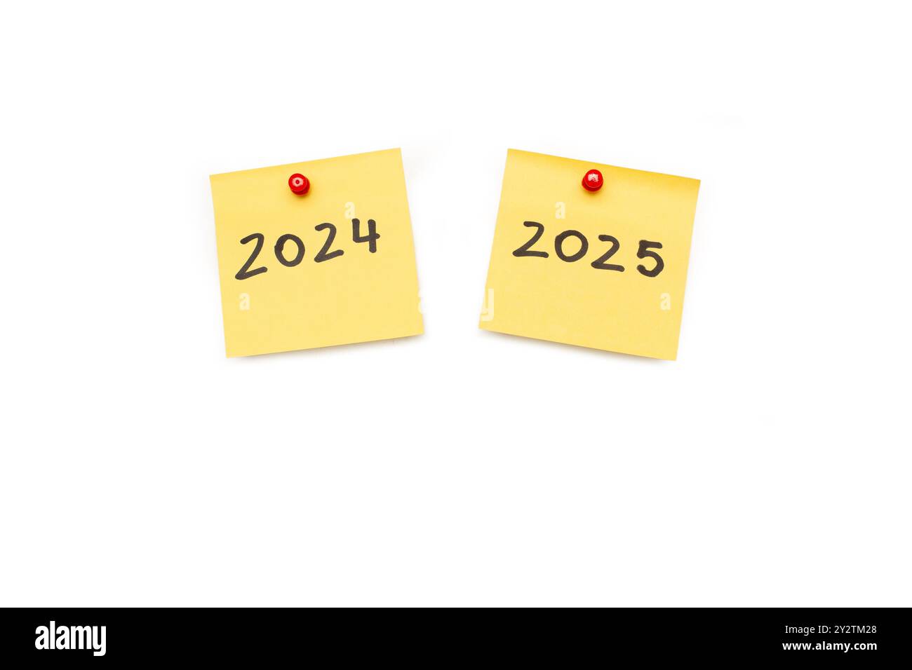 Two yellow sticky notes with 2024 and 2025 written on it on a white ...