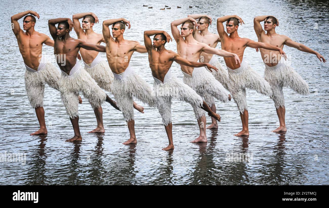London, UK. 11th Sep 2024. The cast of Matthew Bourne’s Swan Lake recreate a moment from the ...