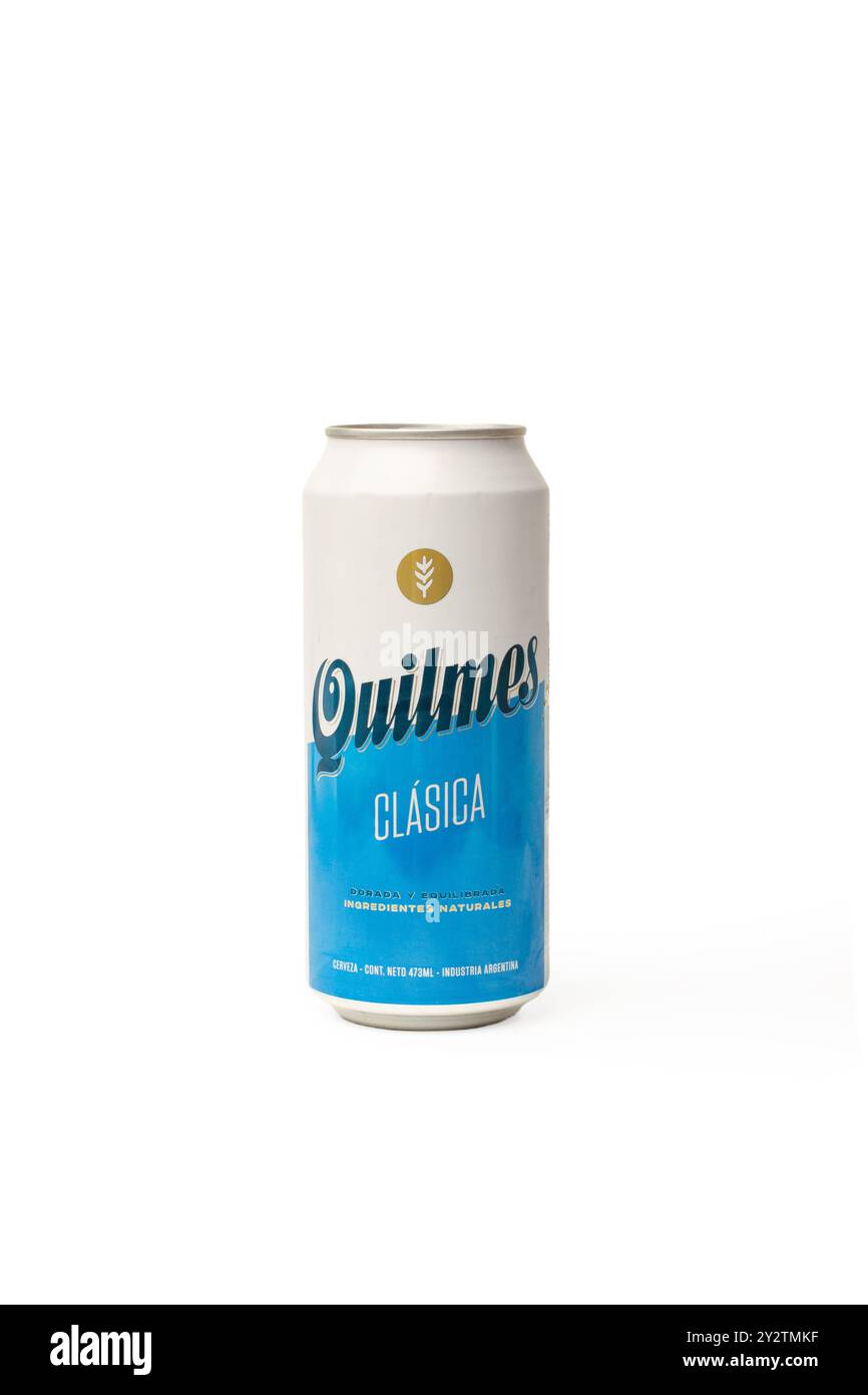 A Quilmes beer can on a white background with copy space Stock Photo ...