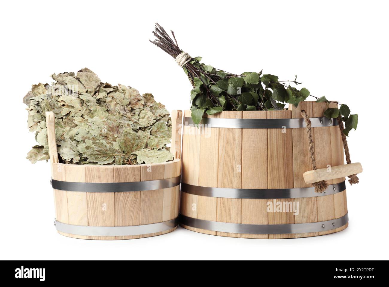 Sauna whisks in buckets isolated on white Stock Photo - Alamy