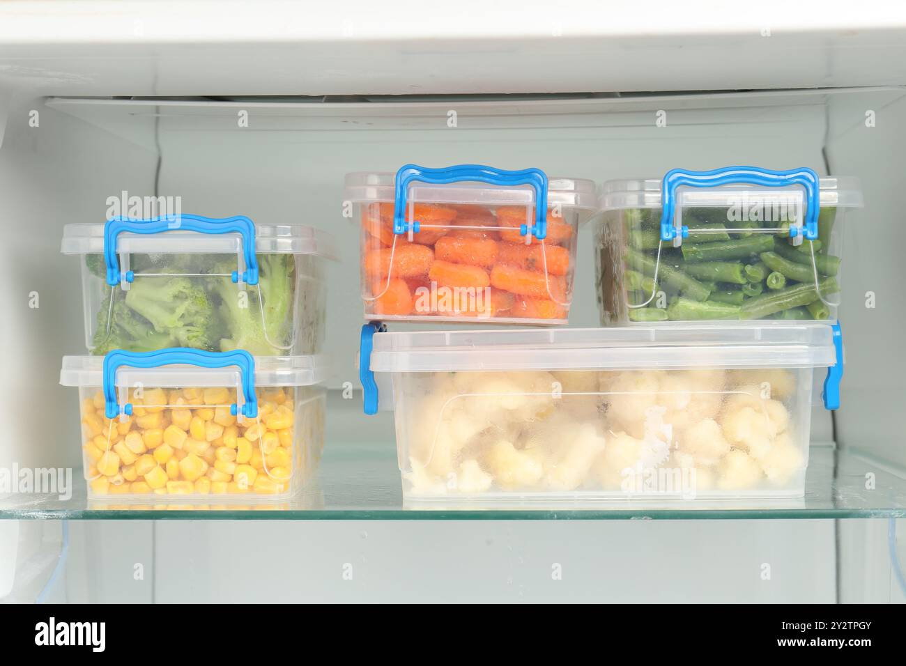 Plastic containers with different frozen vegetables in refrigerator ...