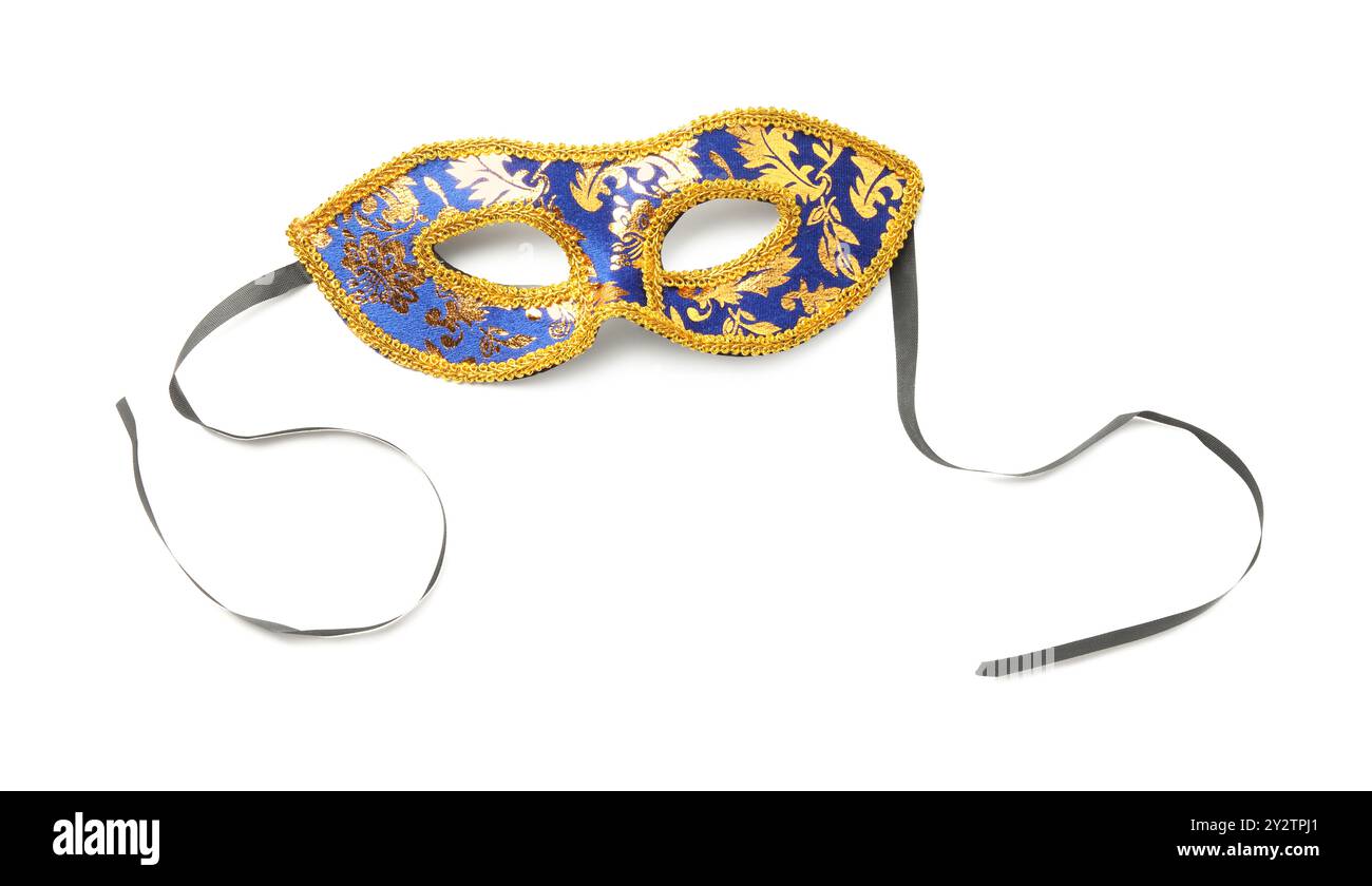 Beautiful blue carnival mask on white background, top view Stock Photo ...