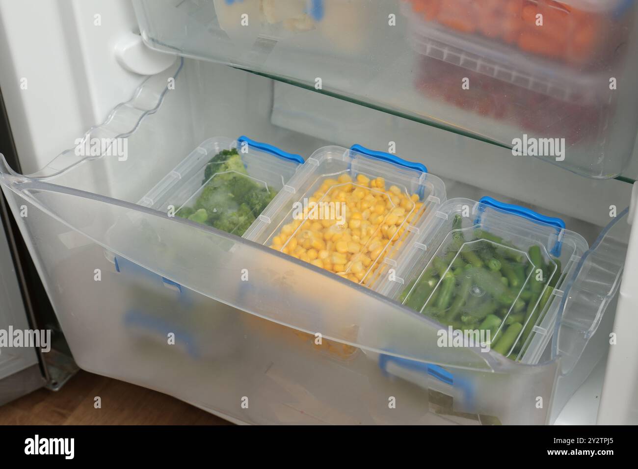 Plastic containers with different frozen vegetables in refrigerator ...