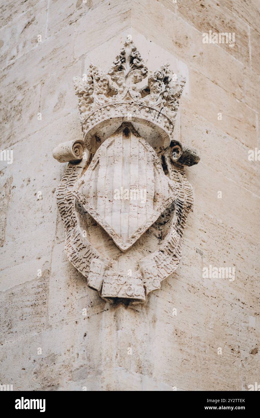 A detailed stone crest featuring an intricate crown design, showcasing ...