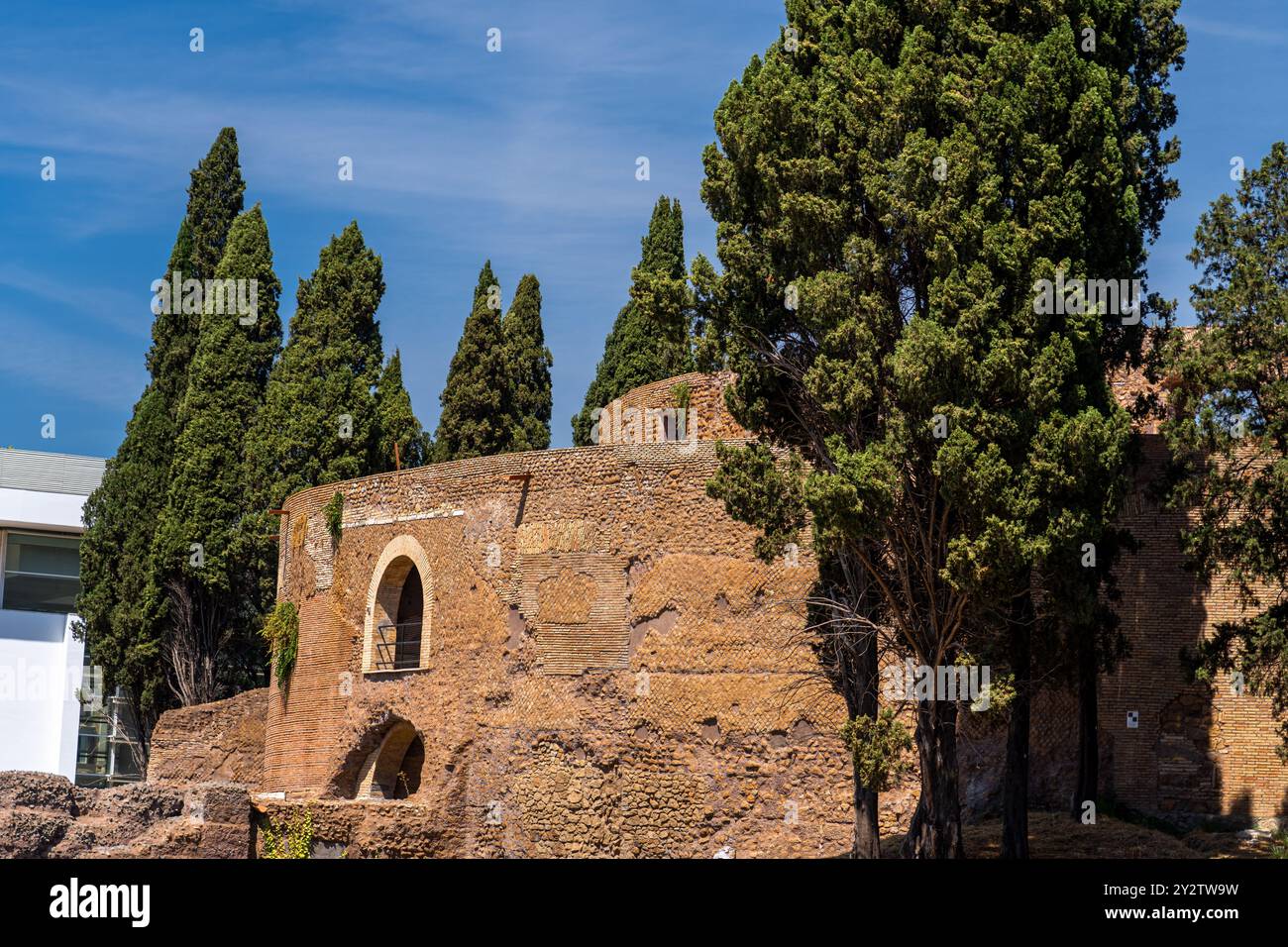Ancient Roman ruins surrounded by tall cypress trees under a clear blue ...