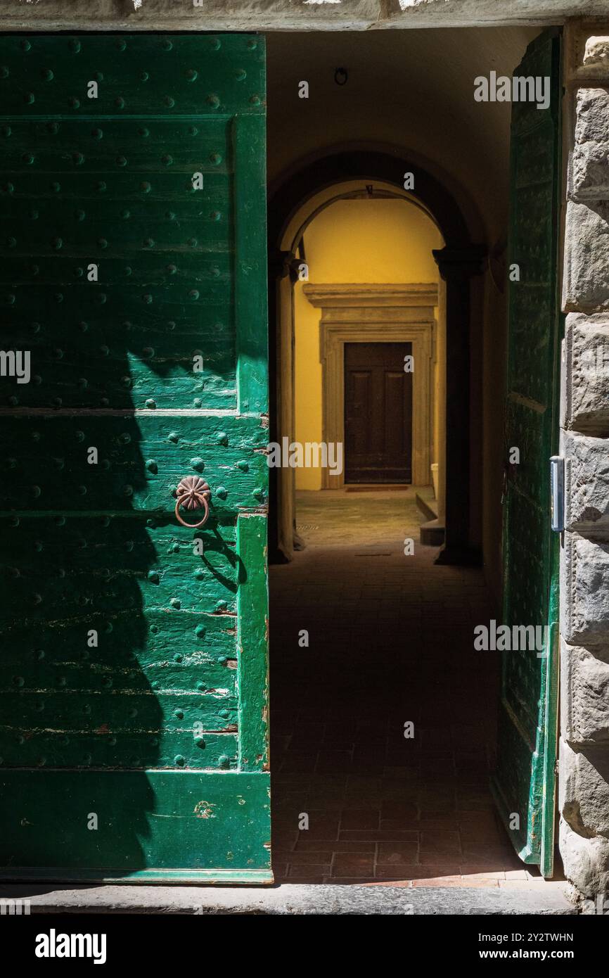 A rustic green door partially open, revealing a dimly lit hallway ...